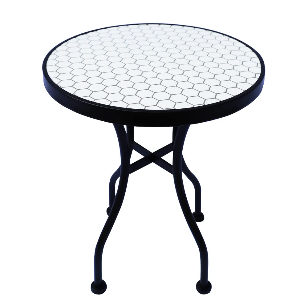 MEMAEMO Outdoor Side Table Round Small End Tables with 14" Ceramic Tile Top Metal Scrollwork Accent Table,Mosaic Coffee Tea Table for Patio, Porch, Garden, Pool (White)