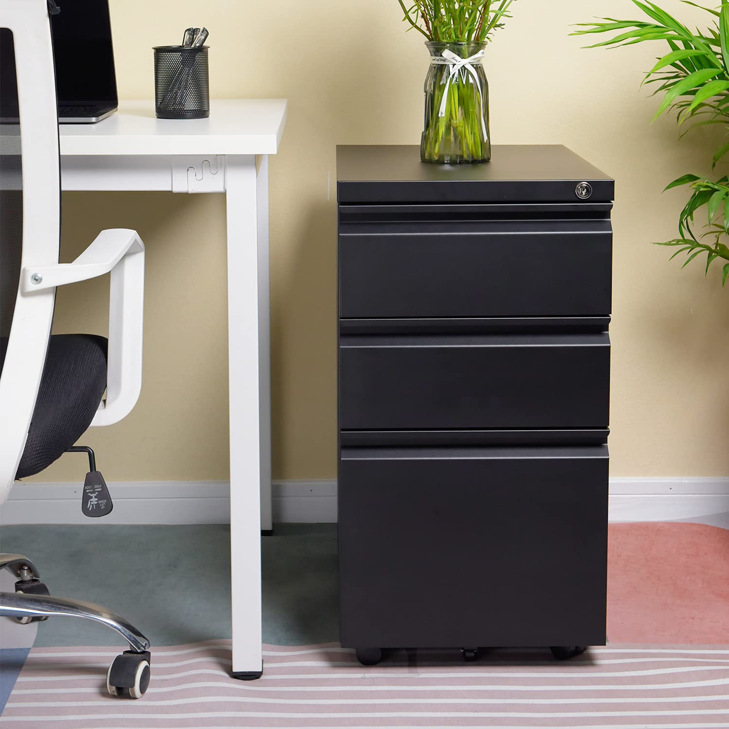 PALFISH 2-Drawer File Cabinet with Lock, Metal Filling Cabinets Suits Legal/Letter Size for Home Office, Fully Assembled Except Wheels, Grey (2-Drawer Widen, Black)