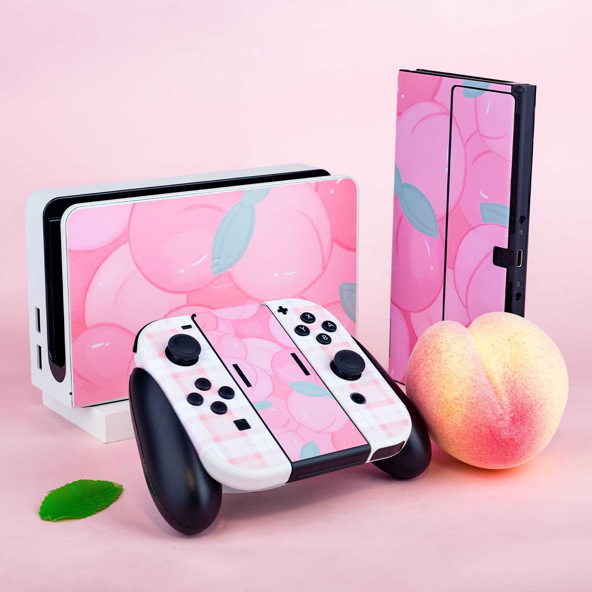 RHOTALL Cute Peach Pattern Decal Skin Compatible with Nintendo Switch OLED, Cute Sticker with Comfortable Touch for Switch OLED Console, Joycon Controller, Handle Grip and Dock