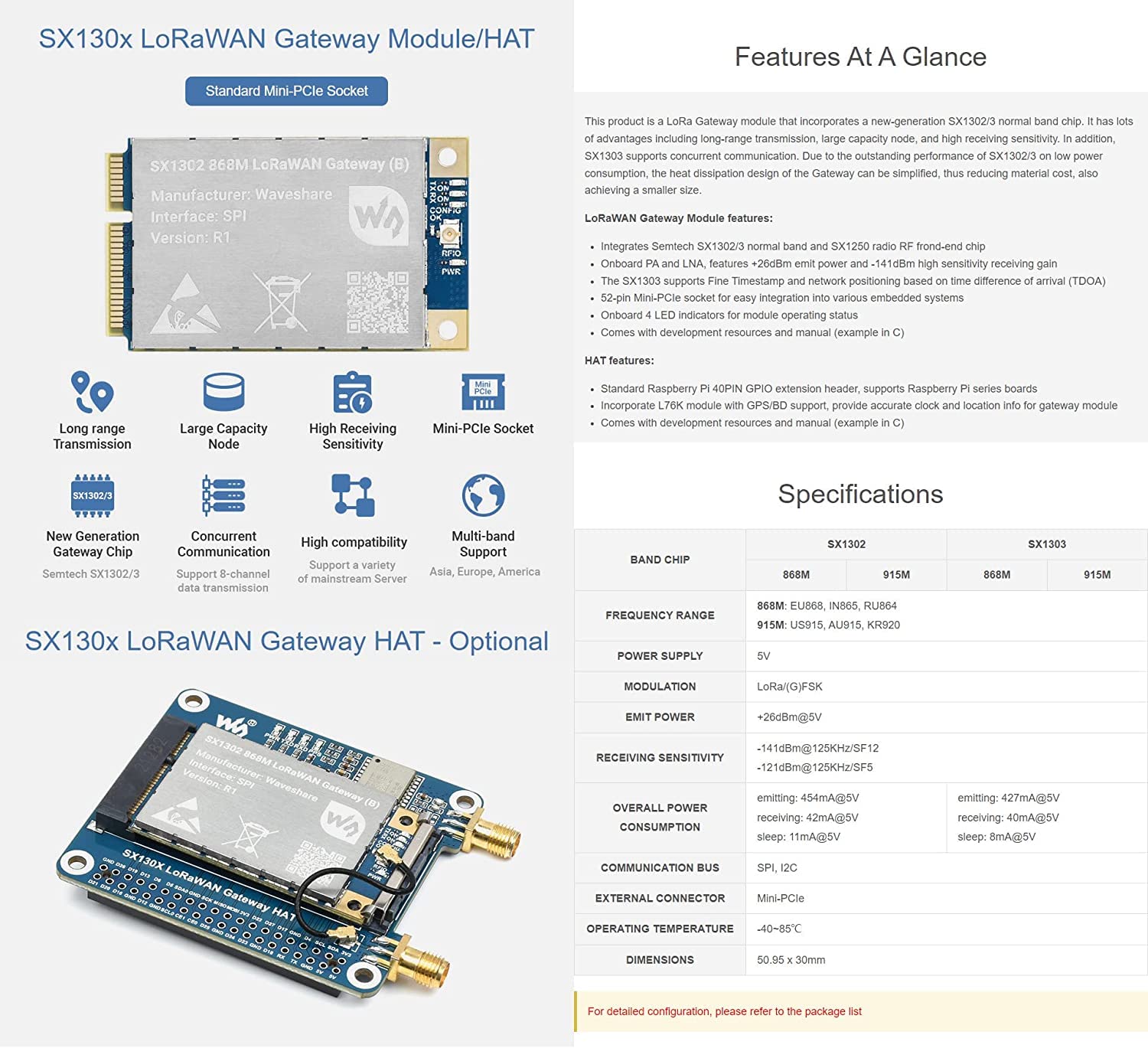 XYGStudy SX1302 915M LoRaWAN Gateway HAT for Raspberry Pi, Standard Mini-PCIe Socket, Long Range Transmission, Large Capacity, Multi-Band Support