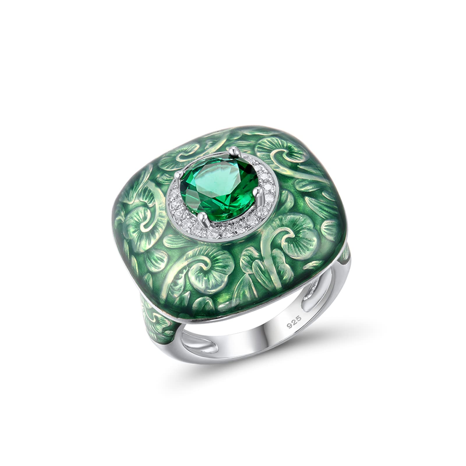 Santuzza 925 Sterling Silver Cushion Ring Enamel Green Glass Cubic Zirconia Vintage Ring for Women (7)