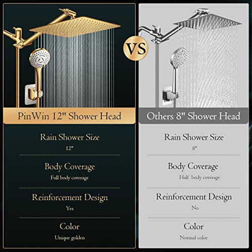 Shower Head,12'' Rain Shower Head with 11'' Adjustable Extension Arm and 5 Settings High Pressure Handheld Shower Head Combo,Powerful Shower Spray Against Low Pressure Water-Brushed Gold