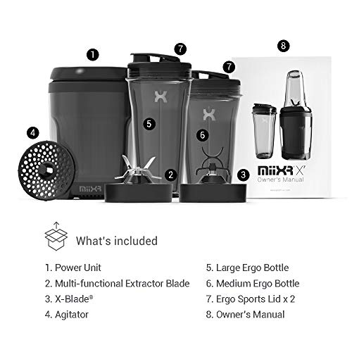 Promixx MiiXR X7 Personal Blender for Shakes and Smoothies - 8 Piece Set - with Performance Nutrition Protein Mixer X-Blade and Shaker Bottle Agitator, Smoothie Blender/Maker, Highly Efficient 700W