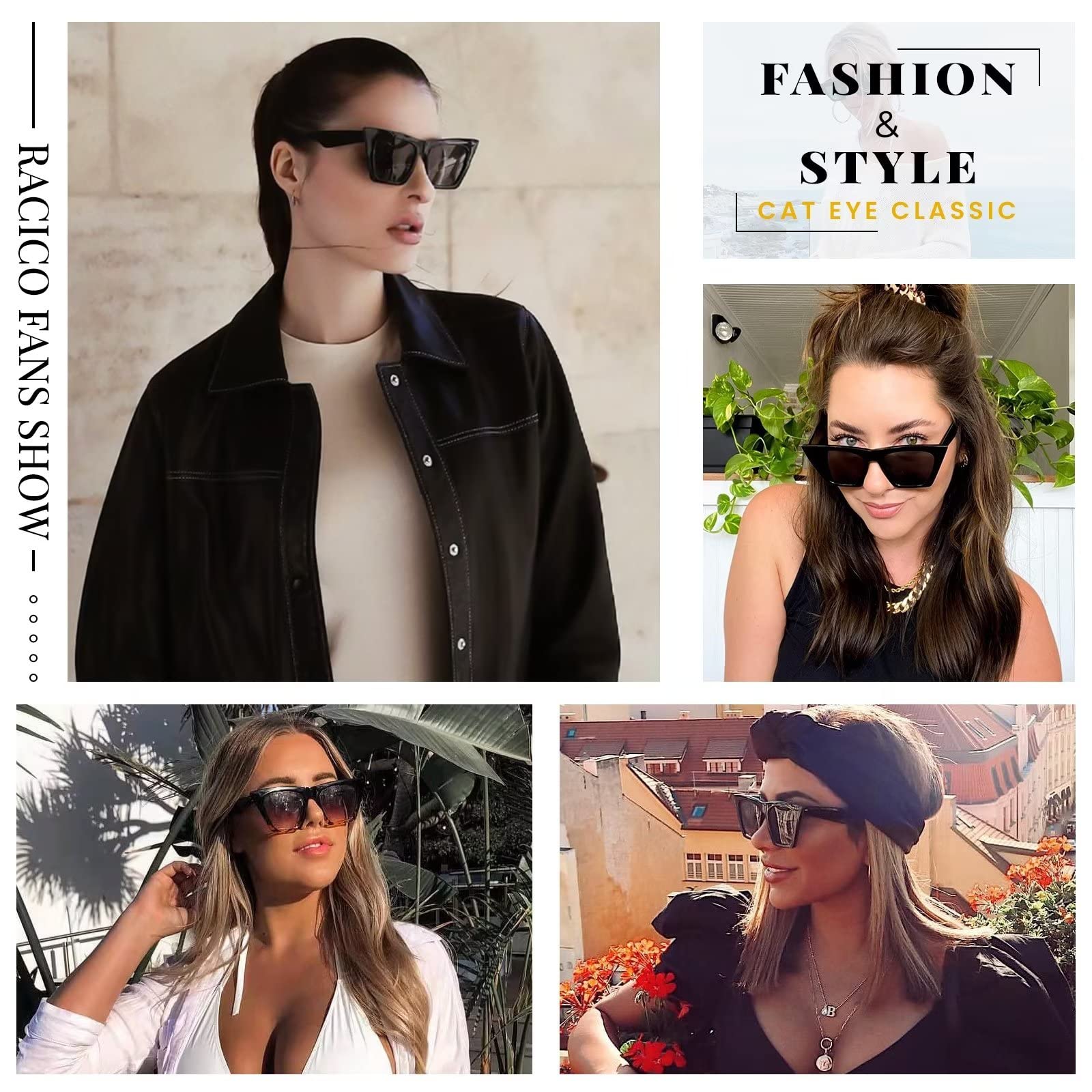 racico Trendy Cat Eye Sunglasses Women - 2 pack Vintage Oversized Cateye Style Square Sun Glasses Women Men