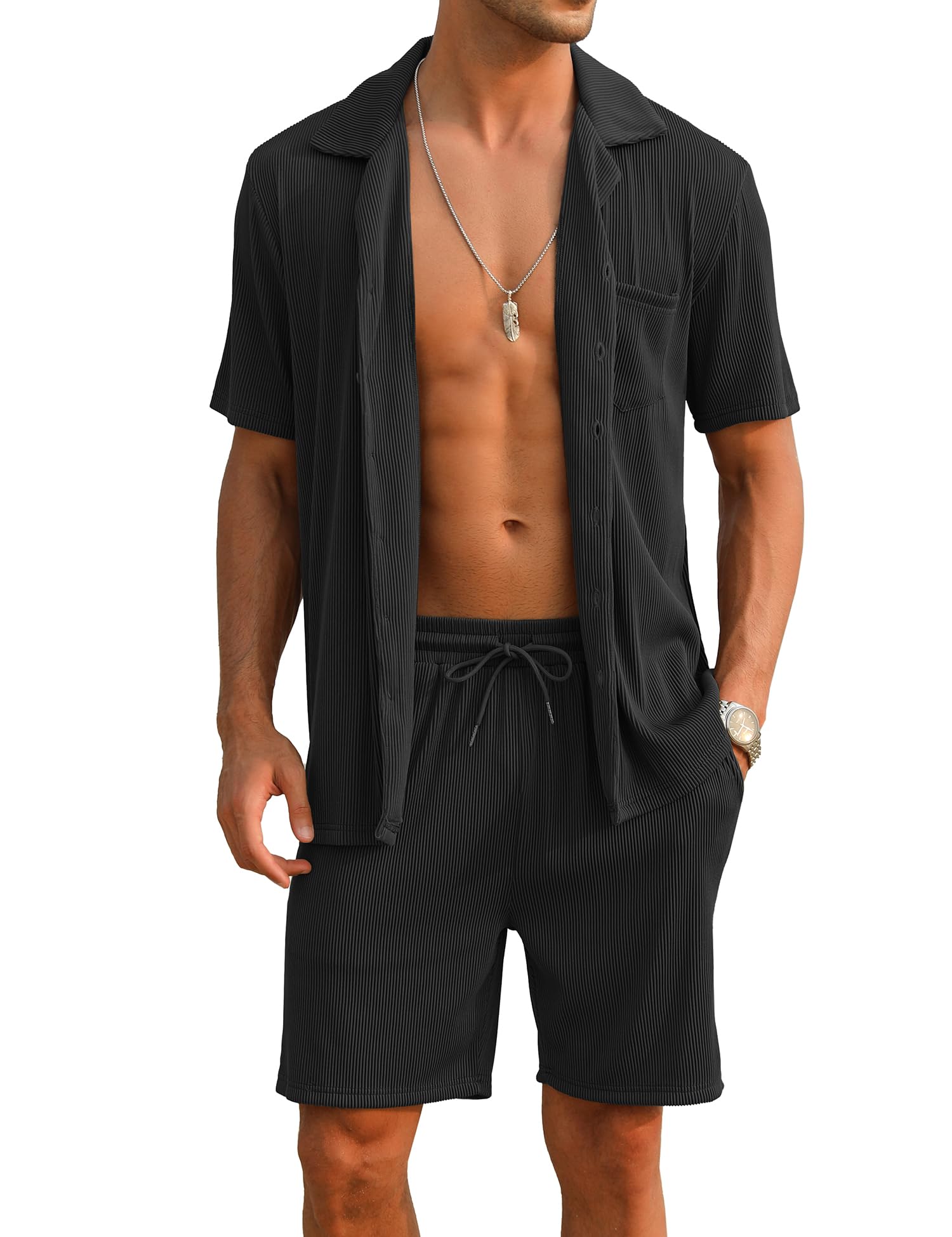 LecGee Mens Vacation Outfits Black Beach Short Sets Oversized Shirts Hawaiian Tracksuits Two Piece Short Set