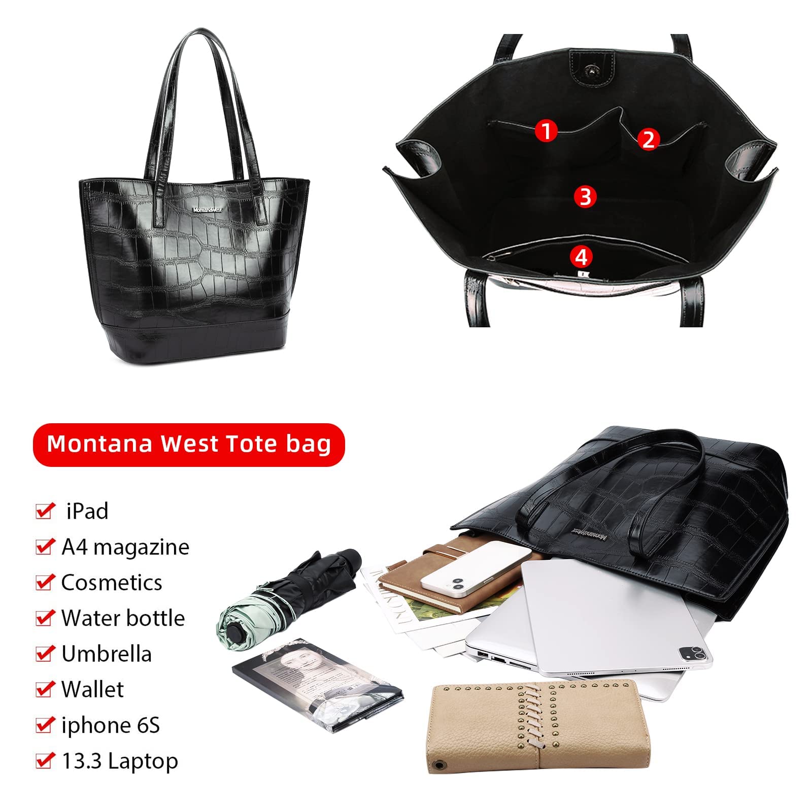 Montana West Tote Bag for Women Crocodile Pattern Handbag Elegant Shoulder Bag Chic Hobo Purses MWC-069BK