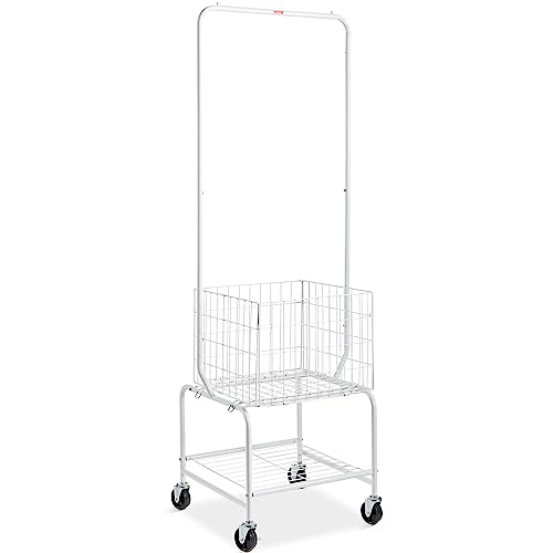 VEVOR Metal Rolling Laundry Basket with Hanging Garment Rack, Laundry Hamper Cart Adjustable Height with Basket Load and Shelf Load, Storage Organizer with Heavy Duty Lockable Wheels