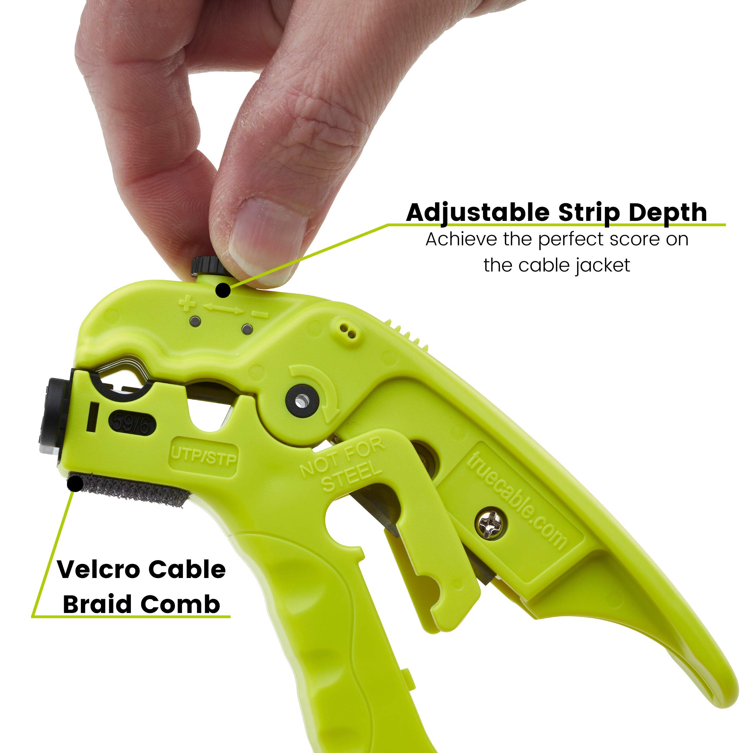 trueCABLE Wire Stripping and Cutting Tool for UTP, FTP, STP, Cat5e, Cat6, Cat6A Ethernet, RG59, RG6, RG7, RG11 Coax Cable, Adjustable Blade Depth