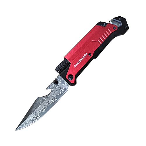 SHUBHADA Damascus Steel Folding Pocket Knives Multi Function Emergency Tool Knives Led Light Magnesium fire starter Seatbelt cutter Glass breaker Bottle opener (Red)