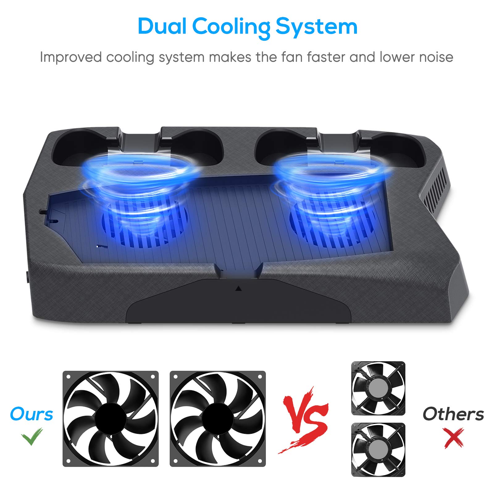 MENEEA Vertical Stand for PS5 Digital Edition/Ultra HD with Dual Controller Charging Station & Suction Cooling Fan & 14 Retractable Game Slots, for PS5 Gaming Accessories for PS5 Console