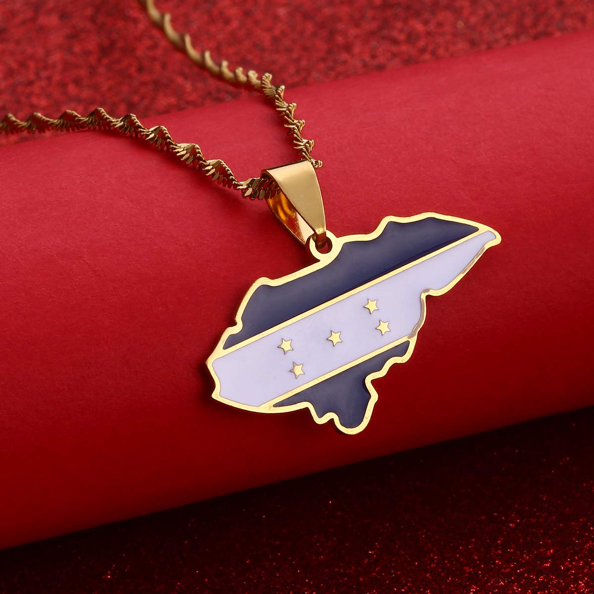 MenglisiMenglisiStainless Steel Enamel Honduras Map Pendant Trendy Necklaces Maps Chain Jewelry (Gold)