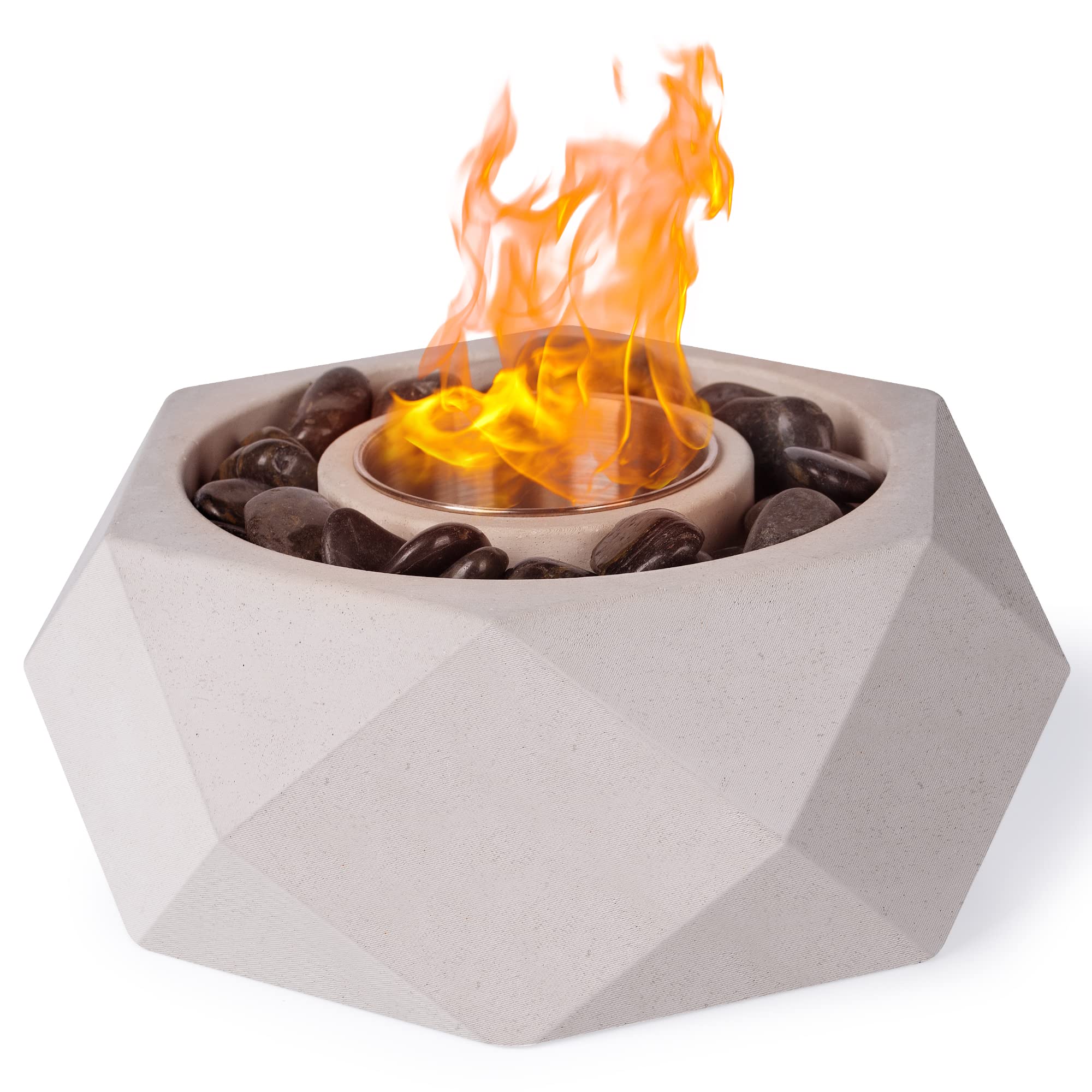 Tabletop Fire Bowl - Extra Large Concrete Table Top Fire Pit Indoor Outdoor Portable Fireplace Geometric Centrepiece, Gray, 9.45 inches