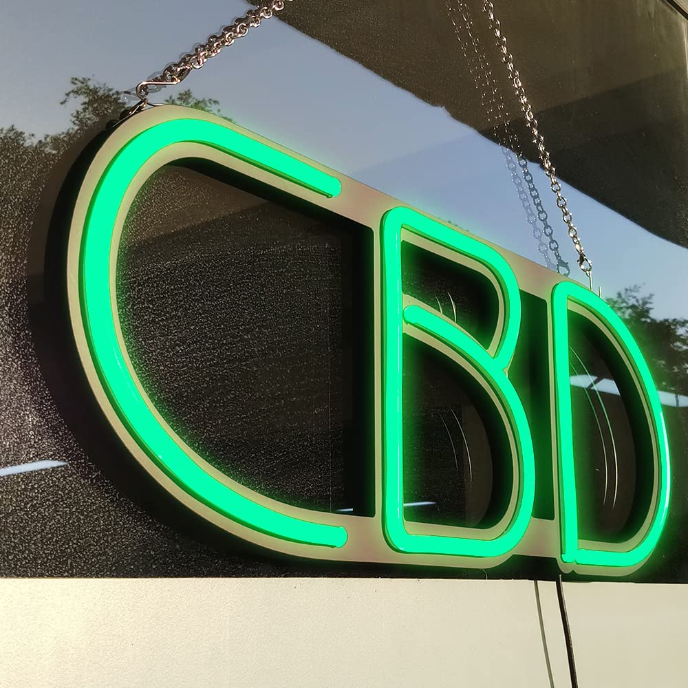 LED Neon Open Sign 21 x 8 inches CBD Light Signs, Super Bright Silicone Flex Neon Black Backer with Green Letters for Store (5521cbd)