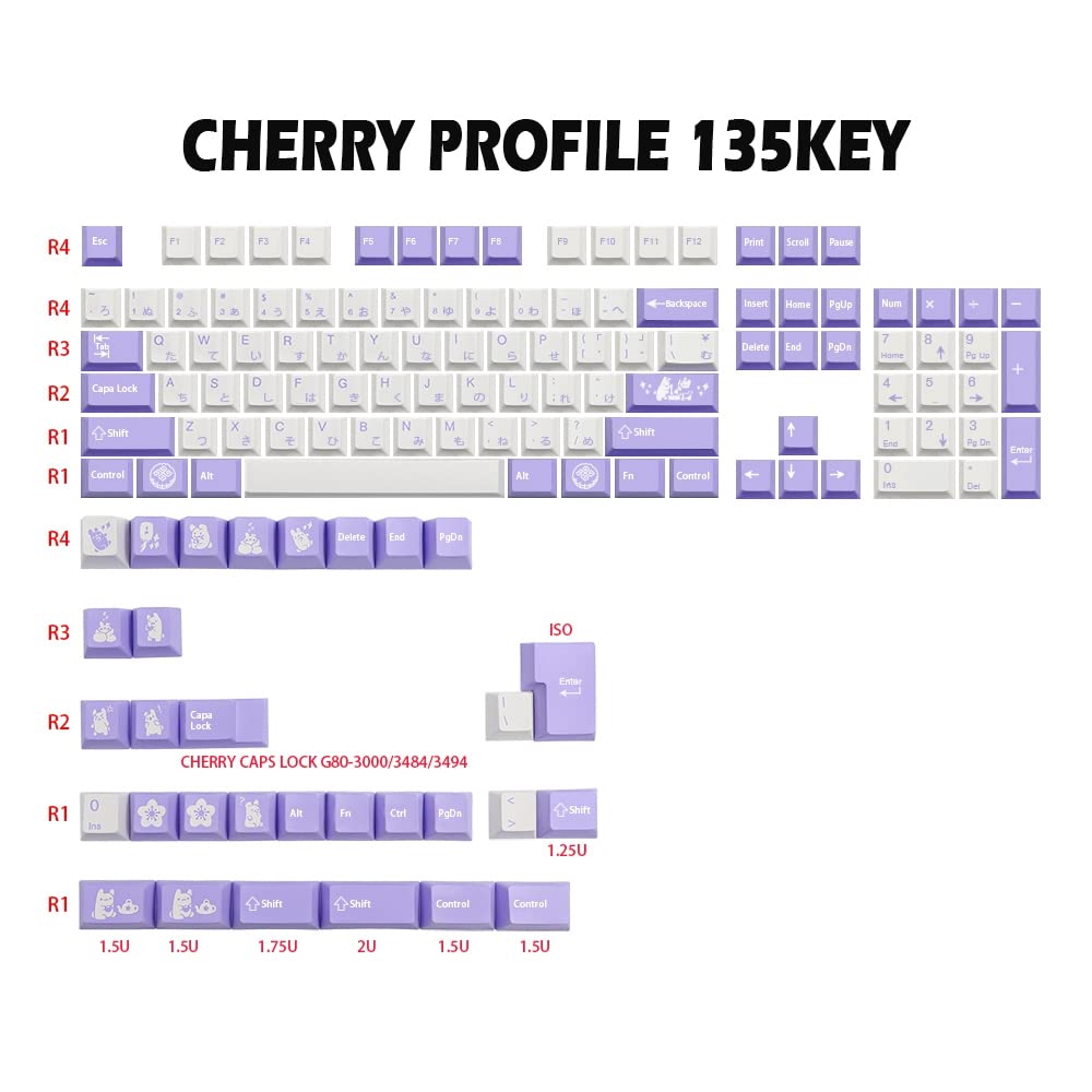 Synpinya 135 Key/Set Tuzi Theme PBT Subbed Keycap for MX Switch FL980 Mechanical Keyboard Keycap Japanese Key Caps, Purple & White (500201193A1)