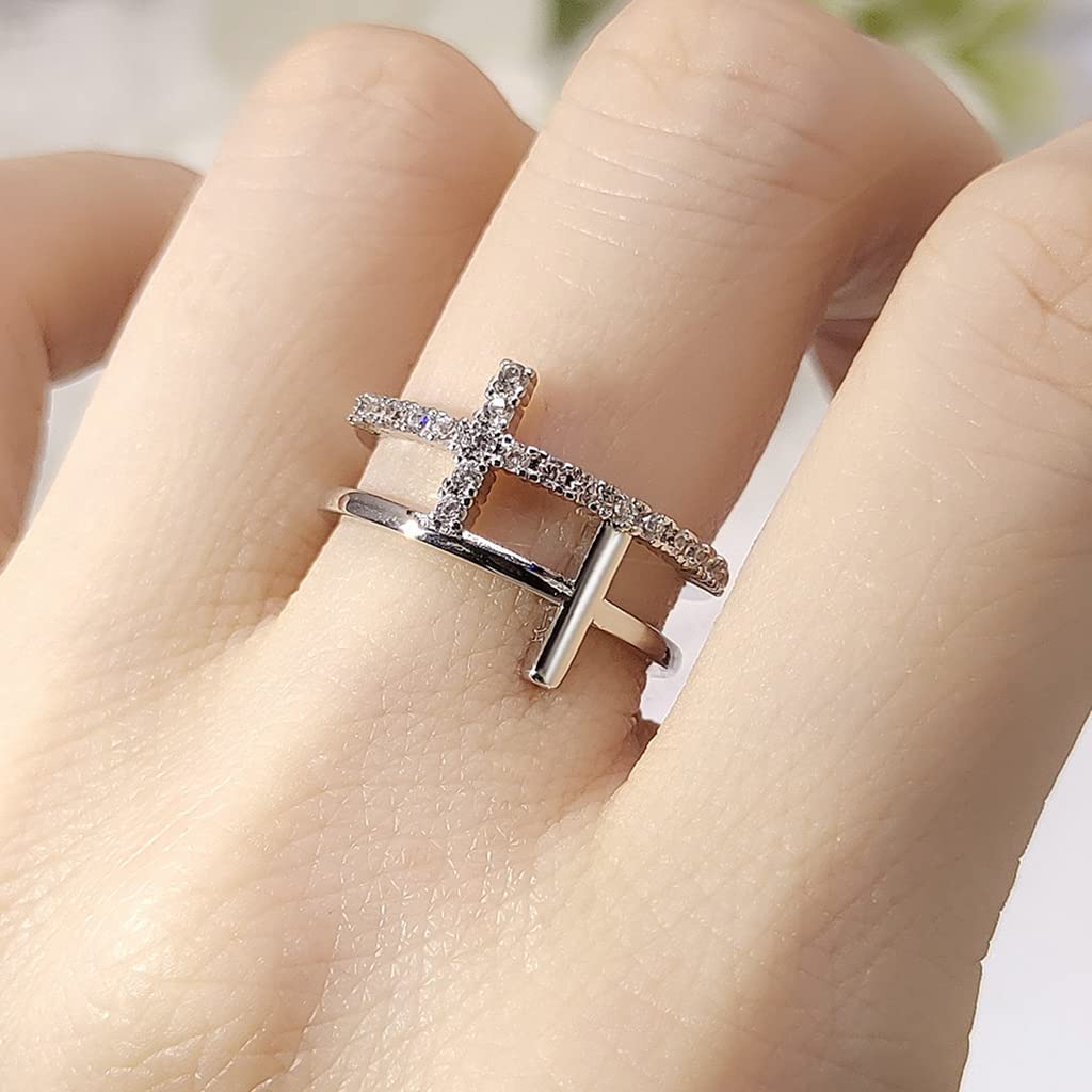 Silver Rose Gold Plated Double Christian Cross Religious Wedding Statement Christmas Holiday Ring (Silver, 8)
