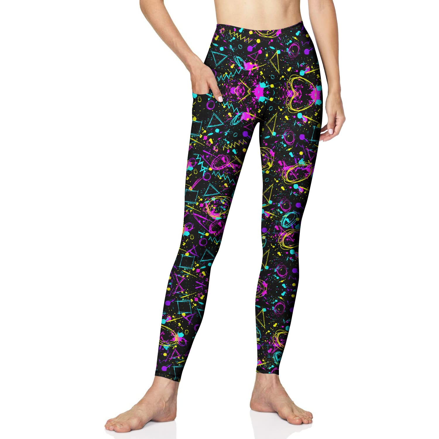 SKYNORA Women's Retro 80s High Waisted Tummy Control Neno Vintage 90s Workout Running Yoga Pocket Pants, Dinosaur, X-Large