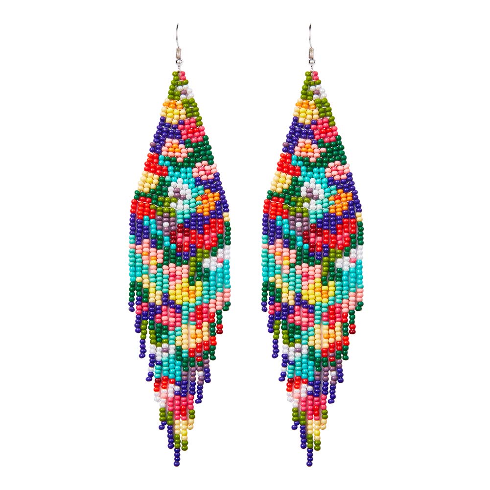 Long Beaded Tassel Earrings - Bohemian Fringe Drop Earrings Statement, Seed Bead Tribal Dangle Earrings, Pendientes De Borla, Idea for Women, Valentine