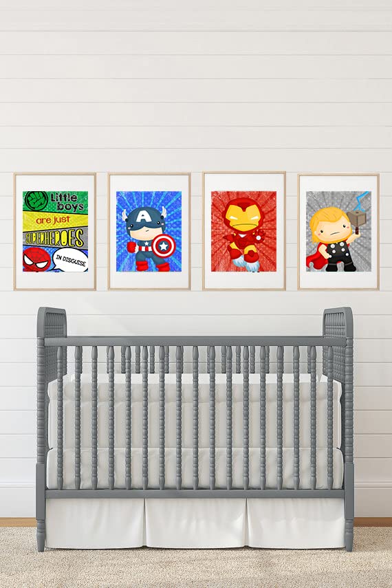 Little Boys Are Just Superheros In Disguise - Room Wall Art Prints Decor (Set of Four) Decoration Wall Hanging Picture Sign
