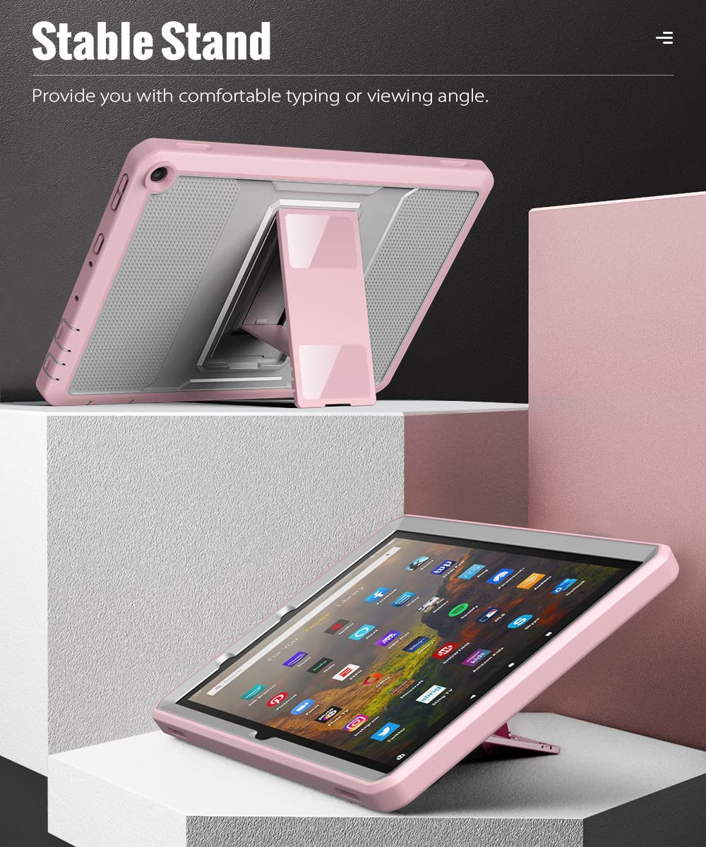 MoKo Case Fits All-New Kindle Fire HD 10 & 10 Plus Tablet (11th Generation, 2021 Release) 10.1", Full Body Rugged Hands-Free Viewing Stand Back Cover with Screen Protector, Gray&Pink
