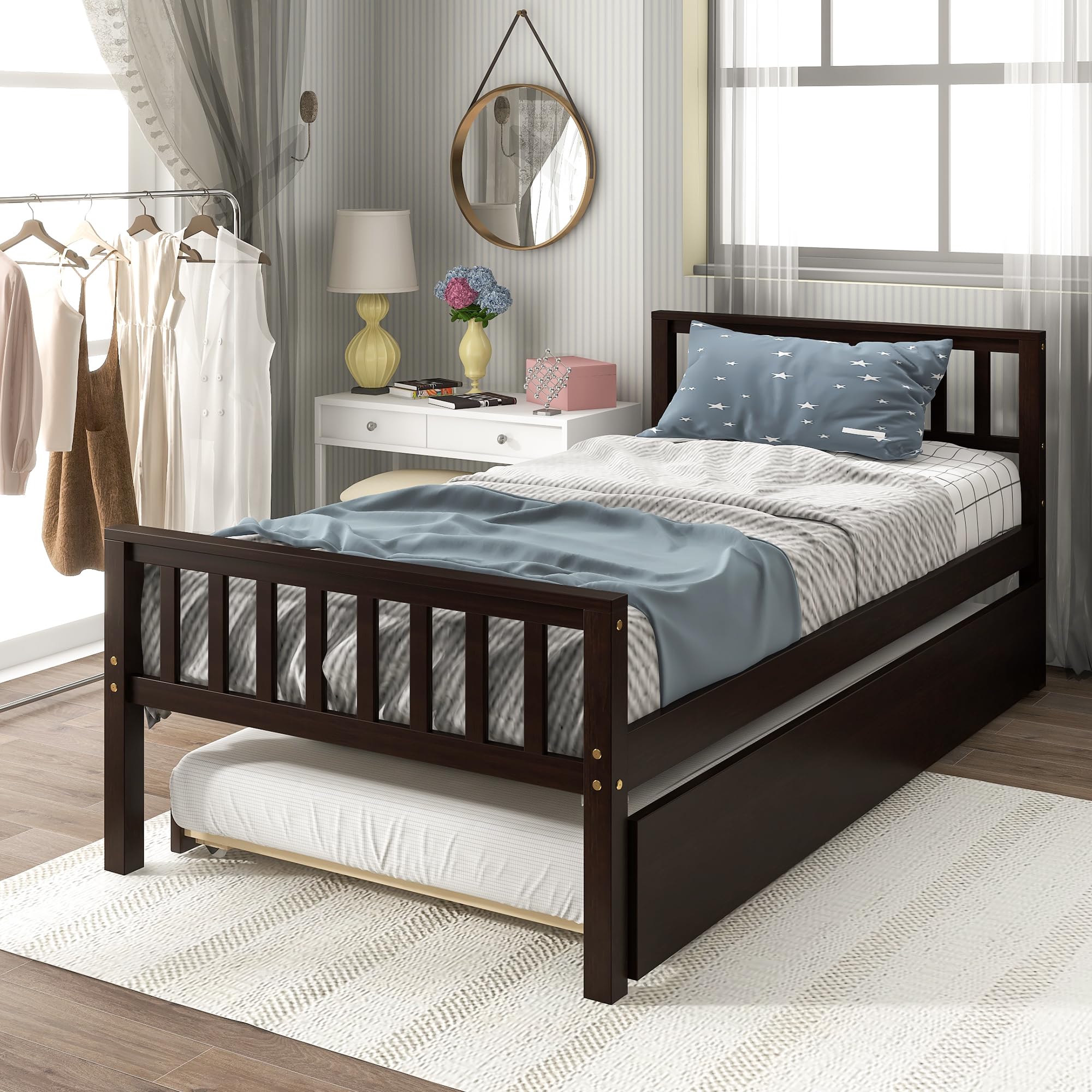 Lifeand Twin Bed with Trundle, Platform Bed Frame with Headboard and Footboard, for Bedroom Small Living Space,No Box Spring Needed,Espresso