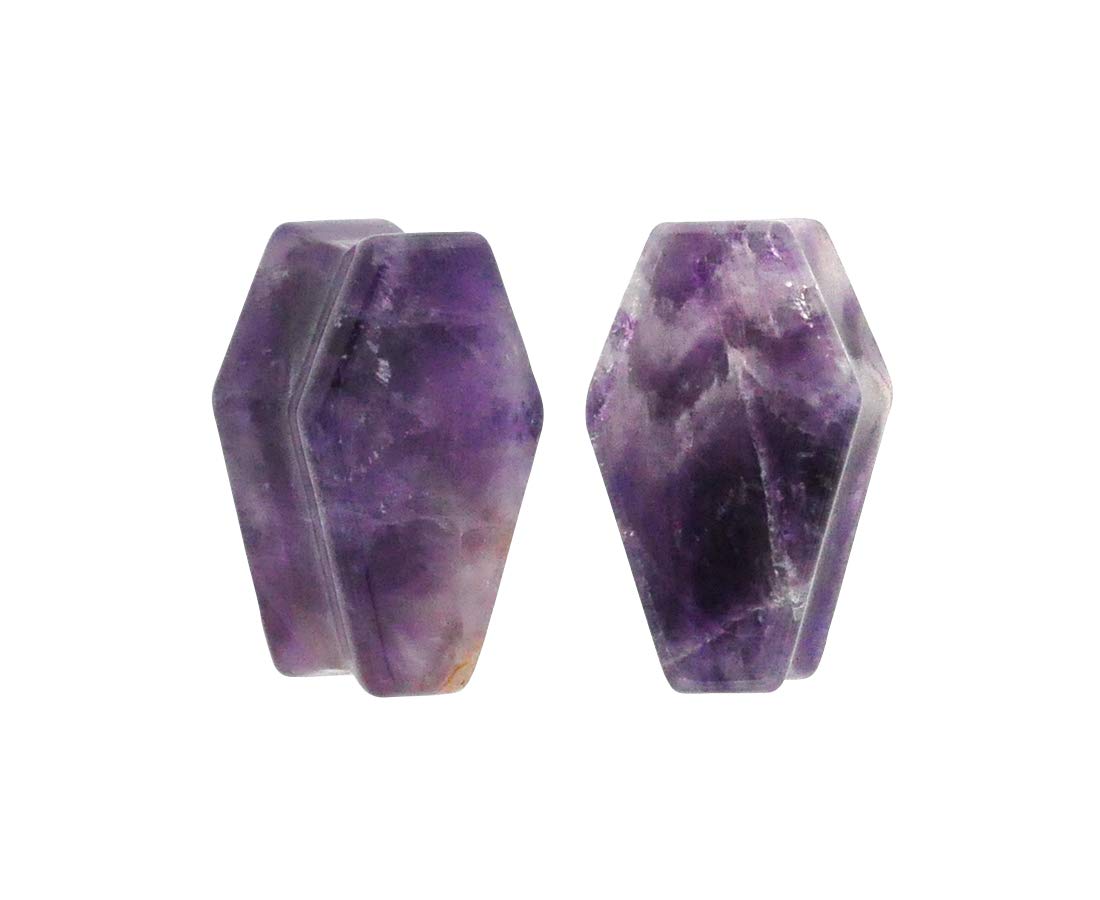 Mystic Metals Body Jewelry Pair of Amethyst Stone Coffin Shaped Double Flare Plugs (STN-651) (00g (10mm))