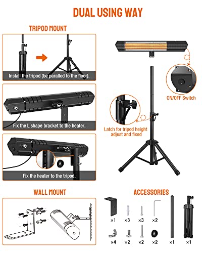 SIEANE Outdoor Patio Heater Electric Carbon Infrared Wall Mounted/Ceiling/Tripod 1500W Adjustable Temperature Instant Warm Heater with Remote Control IP65 Waterproof Heater for Garage Backyard