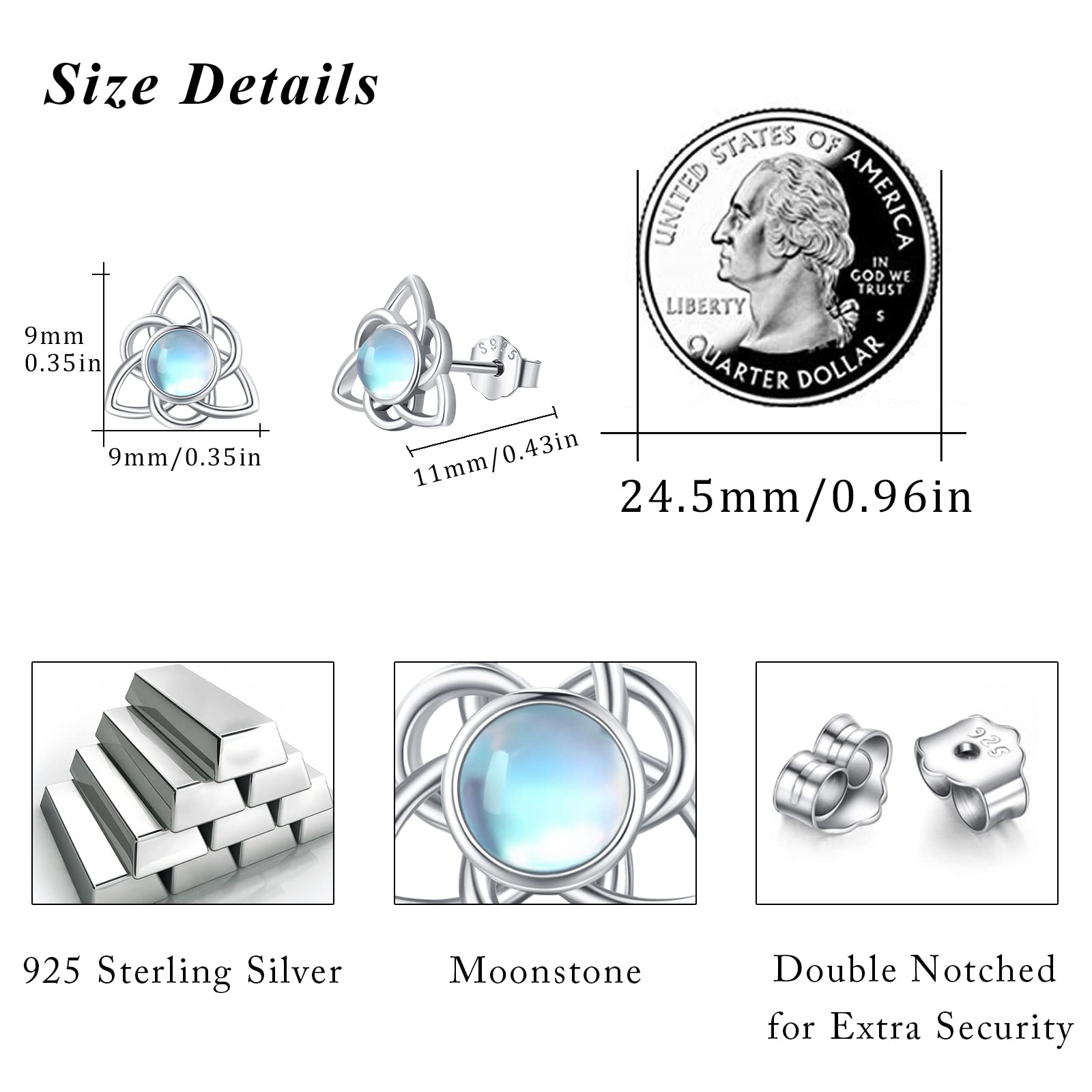 Moonstone Earrings for Women Celtic Knot Stud Sterling Silver Hypoallergenic Piercing Tiny Earring Rainbow Trinity Good Luck Irish Jewelry Xmas Gifts for Mother