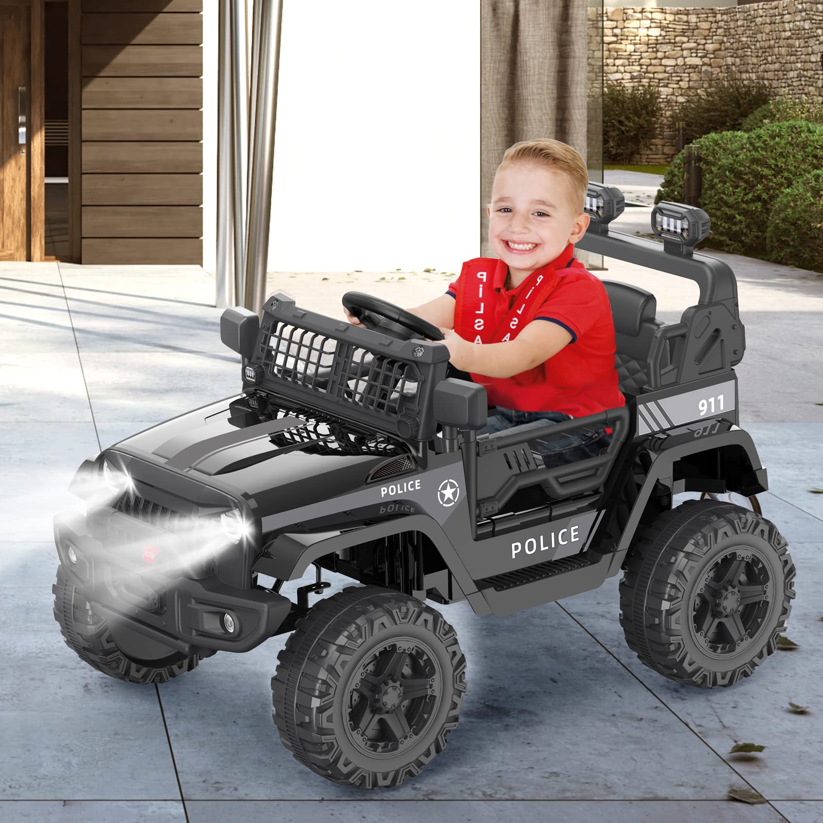 Ride on Truck Car 12V Kids Electric Vehicles with Remote Control Spring Suspension, LED Lights, Bluetooth, 2 Speeds