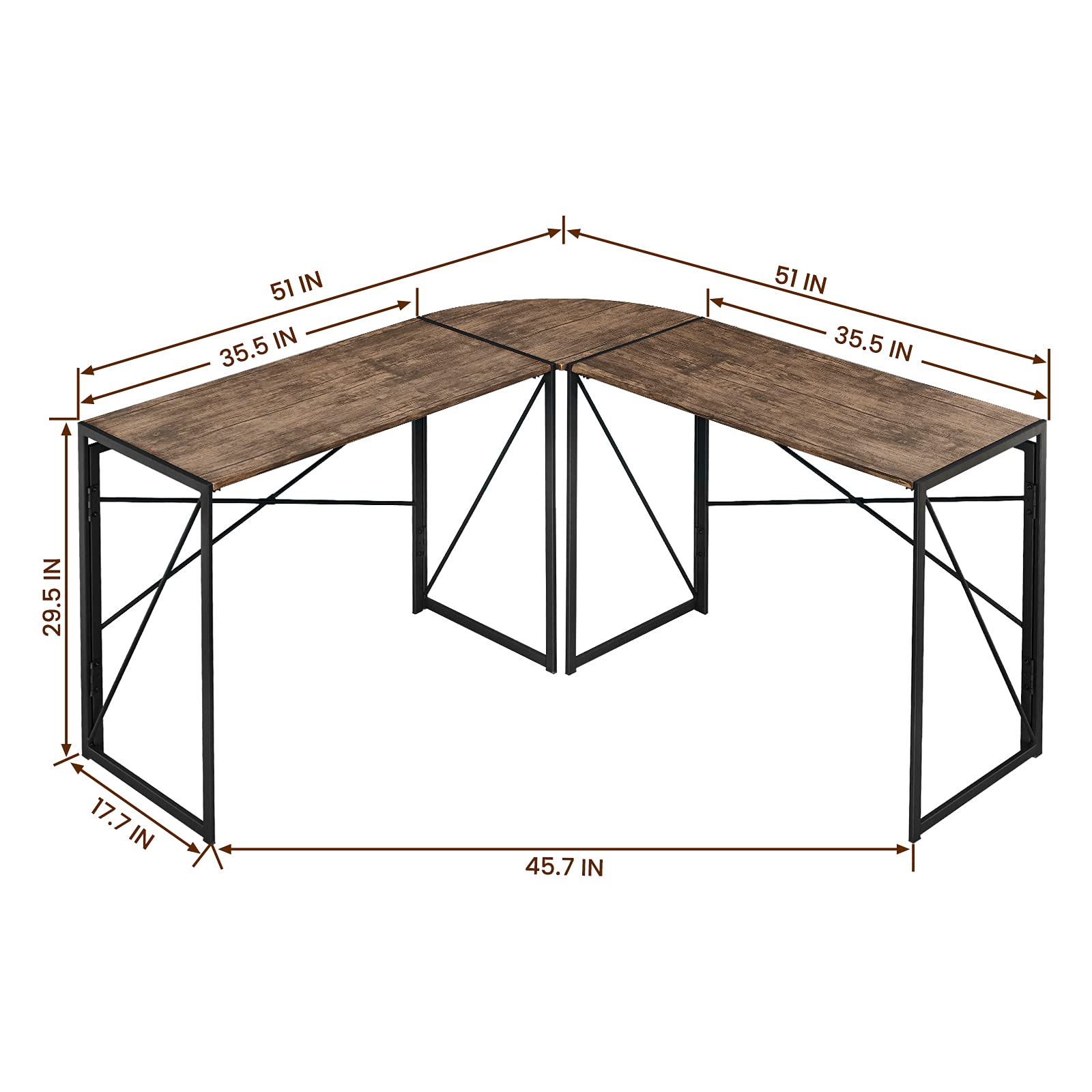 L Shaped Desk Folding Gaming Desk Corner Computer Desk Home Office Workstation PC Writing Table with Large Desk Top, Space-Saving, No Need to Assemble, Brown