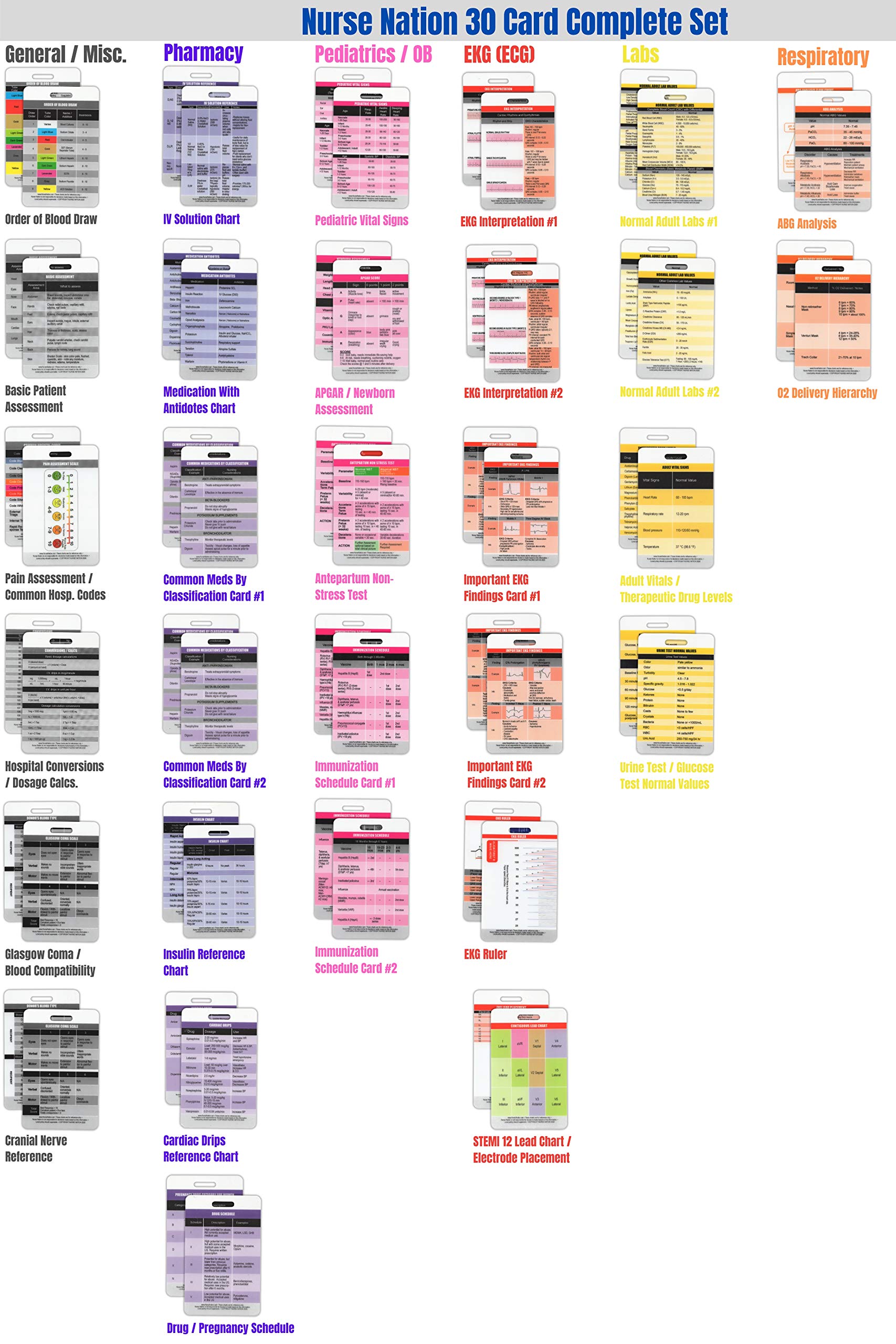 Nurse Nation 30 Vertical Nursing Badge Reference Cards - Lab Values, EKG, Vitals, and More! (Bonus Cheat Sheets) Excellent Gift for Nurses, Nursing Students, and Other Med. Workers!