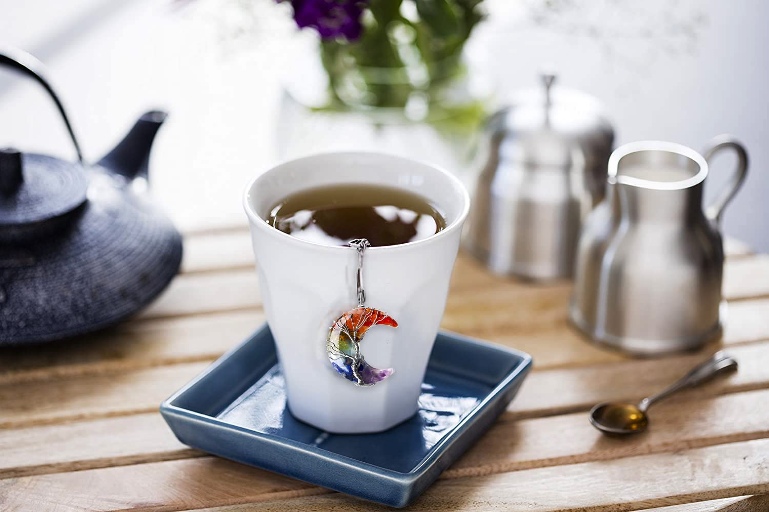 NSTagate Tea Infuser Loose Leaf Tea Steeper 7 Chakra Healing Crystal Tree Life Wire Wrapped Crescent Moon Pendant Tea Strainers for Loose Tea Natural Reiki Spiritual Quartz Gemstone Tea Ball
