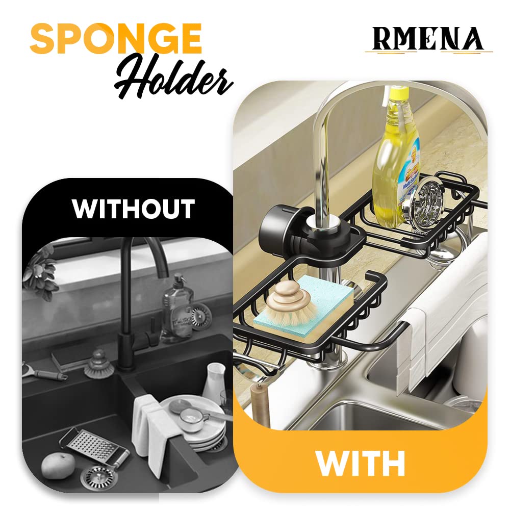 RMENA Faucet Sponge Holder Kitchen Sink Organizer β Sink Sponge Holder Faucet Drain Rack with Sponge and Cleaning Brush β Kitchen Caddy Sink Organizer for Kitchen Sink Accessories, Sponge, Dish Soap