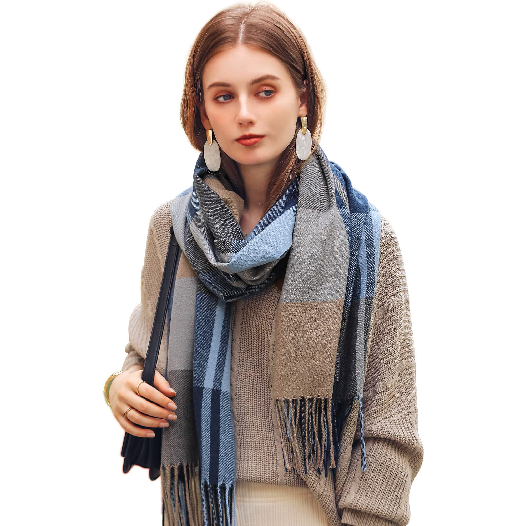 SPELLTIVE Classic Tassel Plaid Soft Cashmere Feel Womens Scarf (Blue Plaid)
