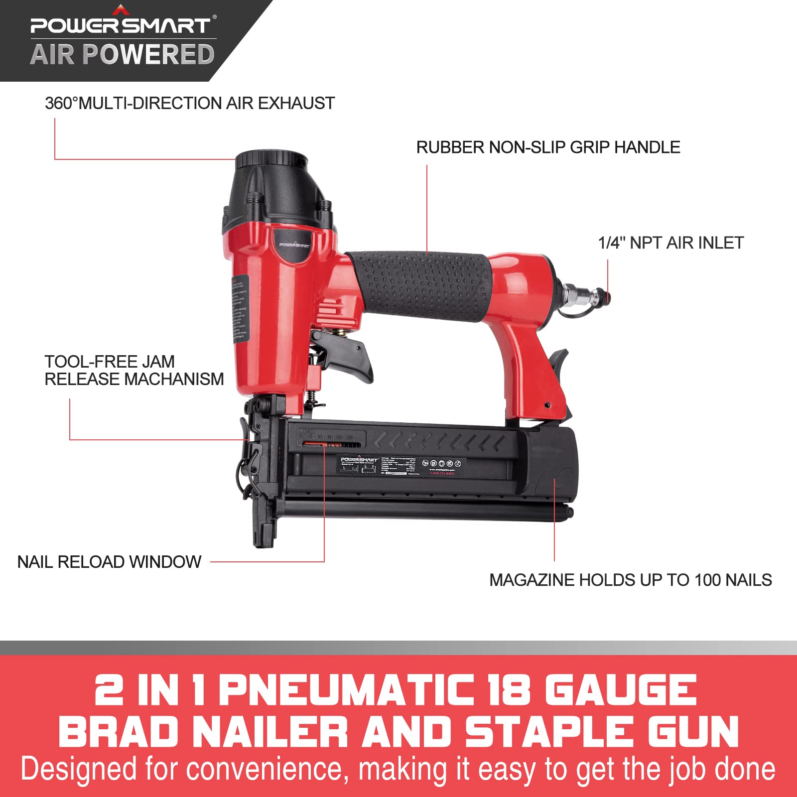 Pneumatic Brad Nailer, POWERSMART 2 in 1 Nail Gun and Crown Stapler with Safety Glasses, Compatible with 5/8β up to 2β Nails, 18 Gauge Brad Gun for Upholstery, Carpentry and Woodworking Projects