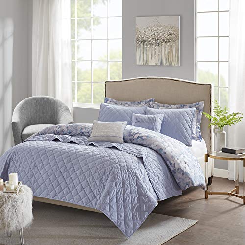Madison Park Erica Comforter Quilt Combo Set - Modern Luxury Design, All Season Down Alternative Bedding, Matching Shams, Decorative Pillows, Full/Queen(90"x90"), Floral Blue 8 Piece