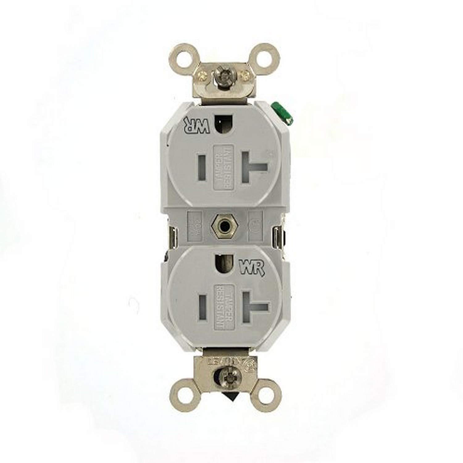 Leviton TWR20-GY 20 Amp, 125 Volt, Duplex Receptacle, Tamper and Weather Resistant, Straight Blade, Industrial Grade, Self Grounding, Gray