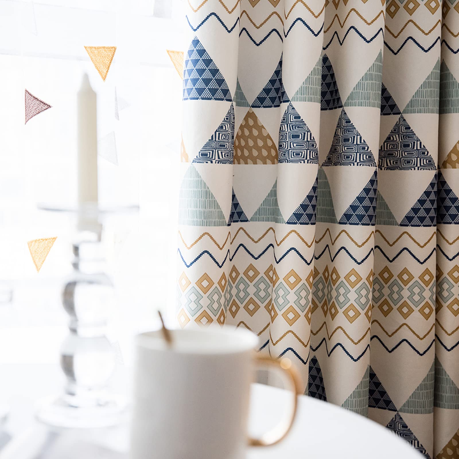Linen Blackout Window Curtain Triangle Geometric Boho Curtains 96 Inch Long Kids Room Darkening Window Panel Drapes Set for Living, Dining, Bedroom,Diamond Print Window Treatment Drapes ,2 Panels