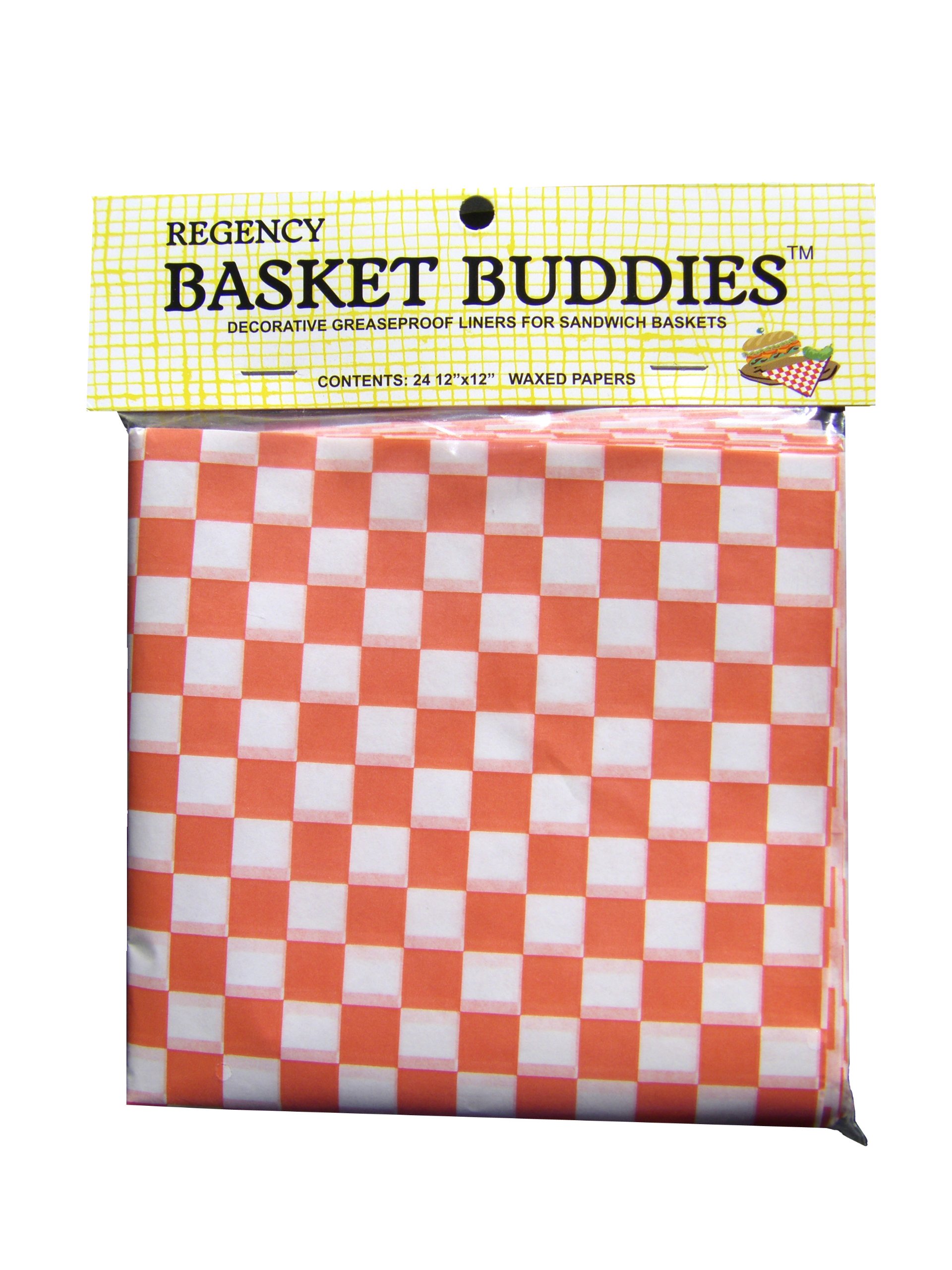 Regency Wraps Bakset Buddies Greaseproof Liners For Bread Baskets and Wrapping Sandwiches, Red/White, 12"x12" (pack of 24)