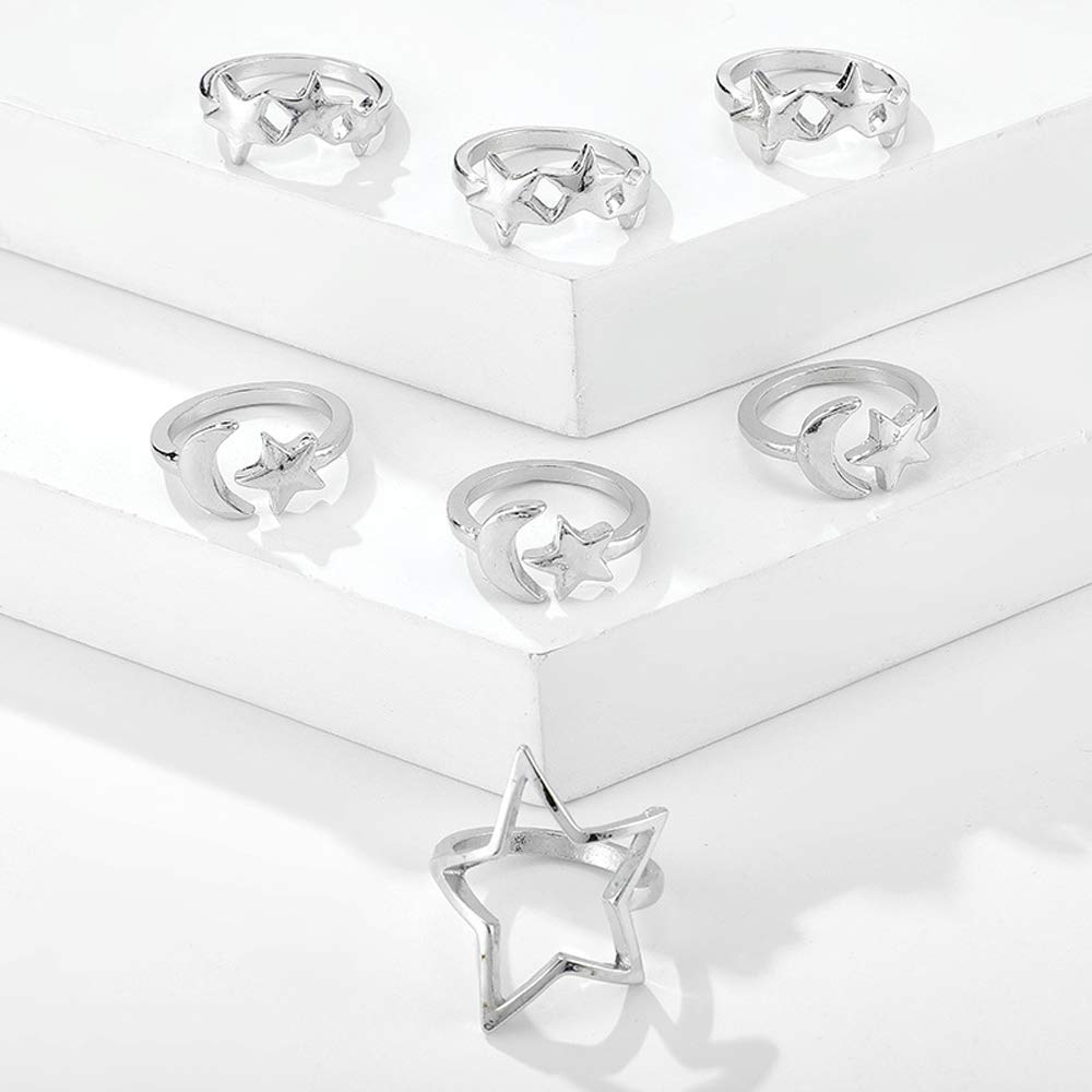 Missgrace 7PCS Silver Vintage Moon and Star Womens Knuckle Rings for Girls Stackable Joint Finger Ring Set for Women (Style 4)