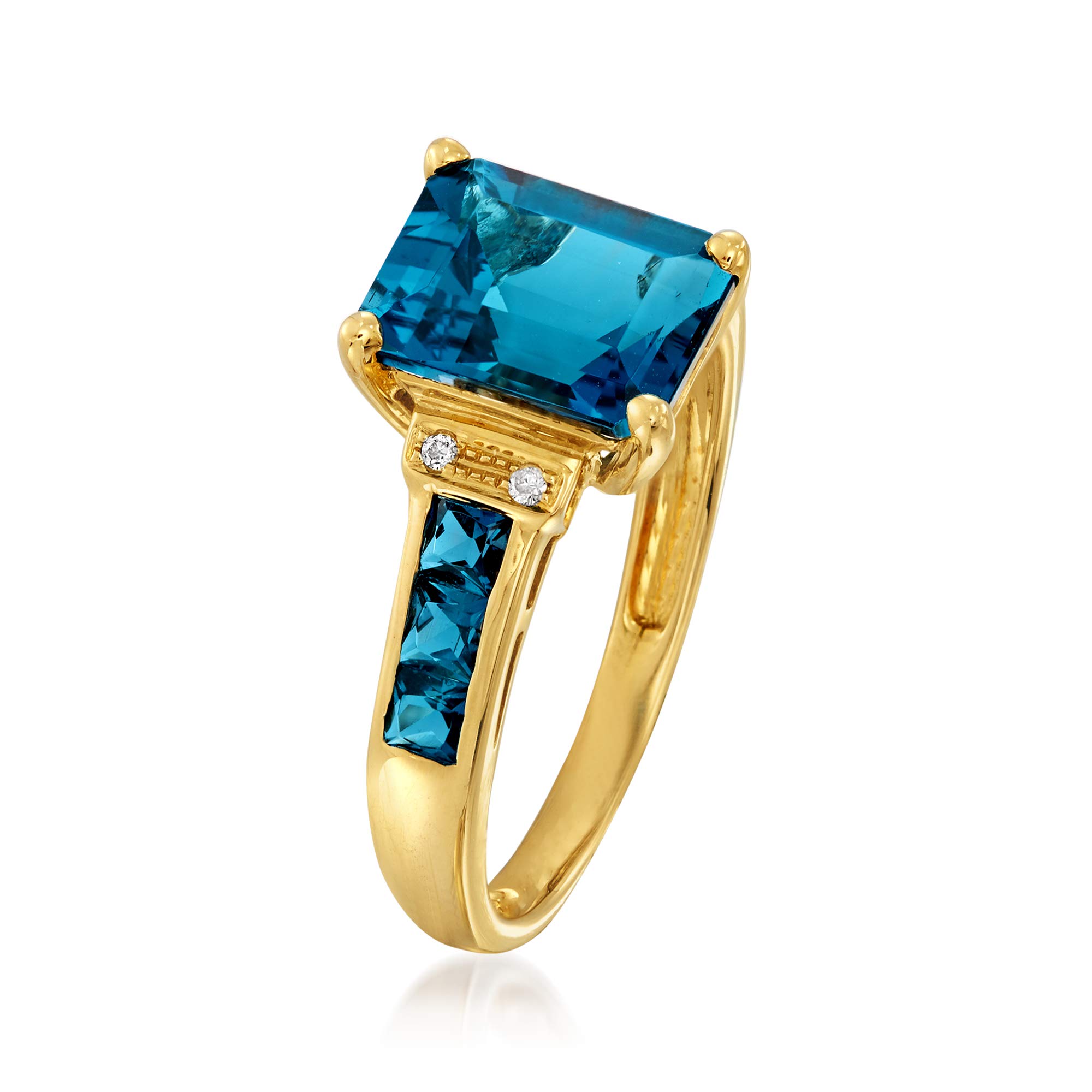Ross-Simons 3.00 ct. t.w. London Blue Topaz Ring With Diamond Accents in 14kt Yellow Gold. Size 5