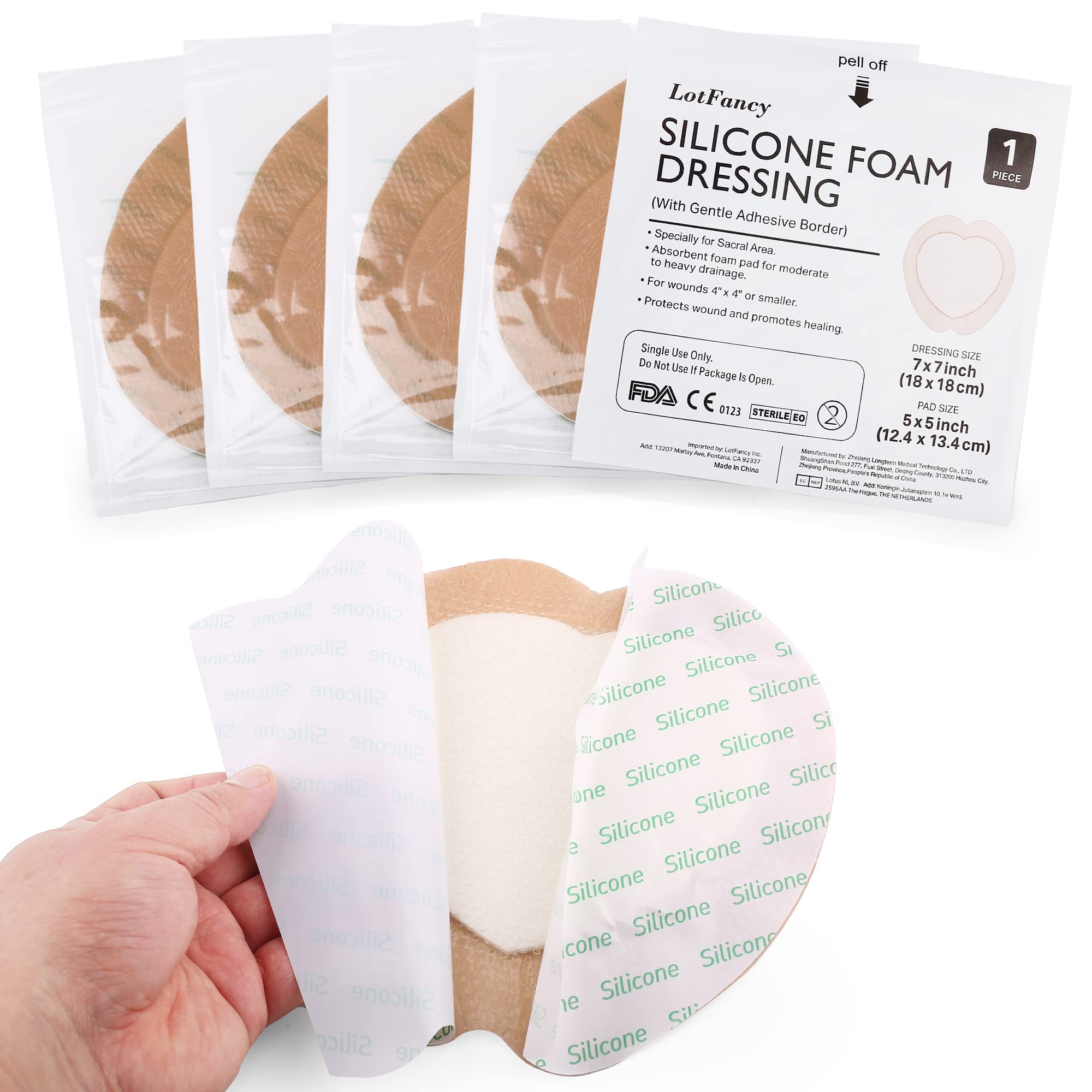 LotFancy Sacral Foam Dressing, 7"x 7", 5 Count, Silicone Foam Dressing, Wound Dressing with Border, Sacrum, Bed Sores, Pressure Ulcers Healing Bandage Pad, Highly Absorbent, Waterproof