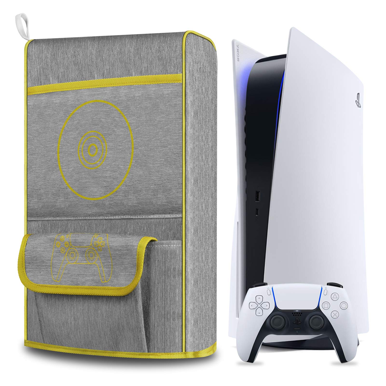 MASiKEN Console Cover - For PS5 Universal Controllers Protective Guard, 12 Pcs Disc Pocket With Easy Access Cable Port, Soft Velvet Linning Dust Cover Protector For ps5 (Yellow)