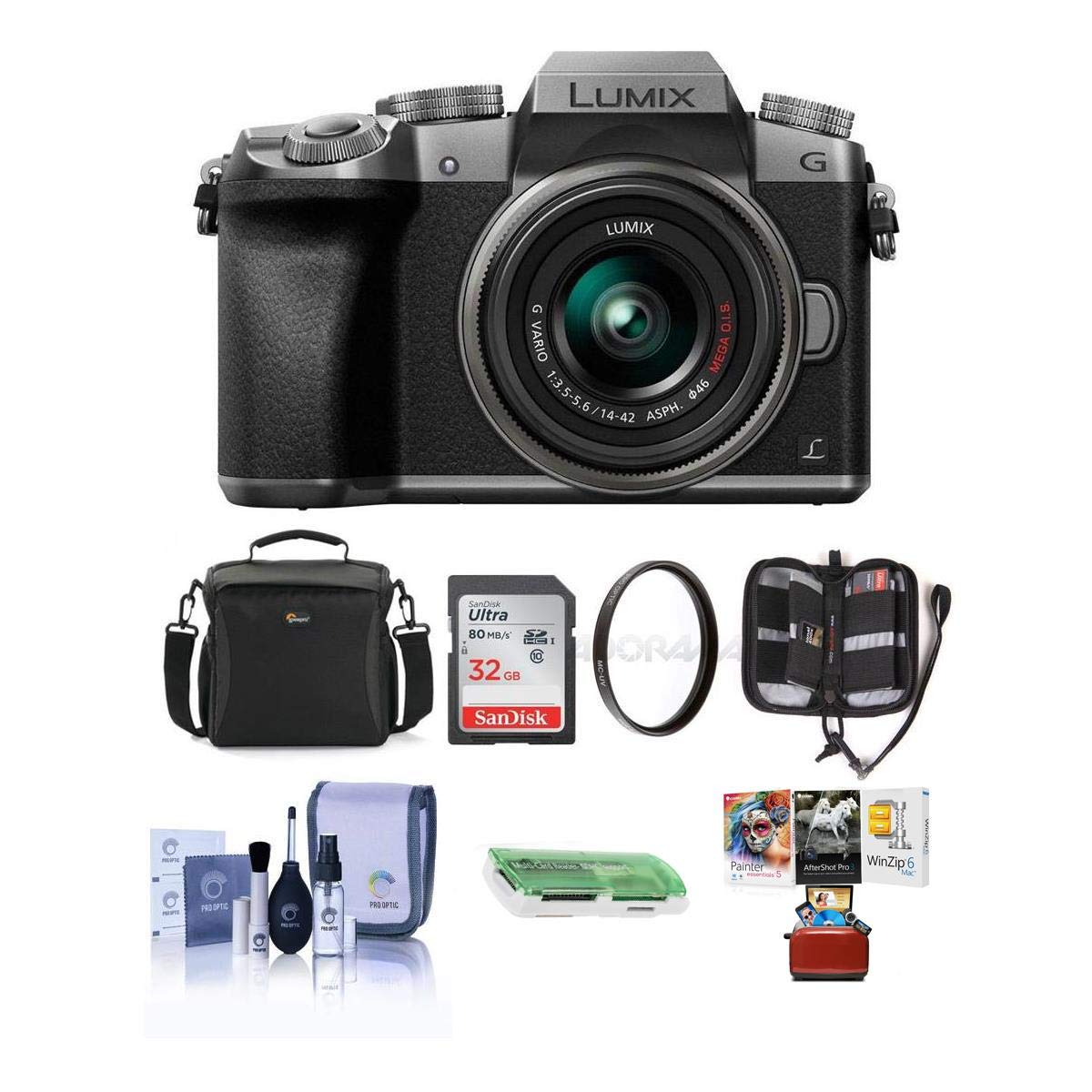 Panasonic Lumix DMC-G7 Mirrorless Camera with 14-42mm Lens Silver - Bundle with Camera Case, 32GB SDHC Card, Cleaning Kit, Memory Wallet, Card Reader, 46mm UV Filter, Mac Software Package
