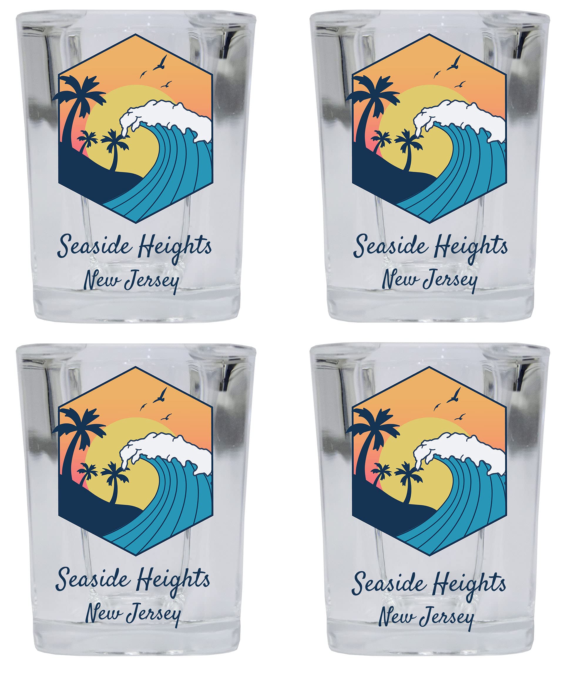 R and R Imports Seaside Heights New Jersey 2 Ounce Square Base Liquor Shot Glass Wave Design 4-Pack