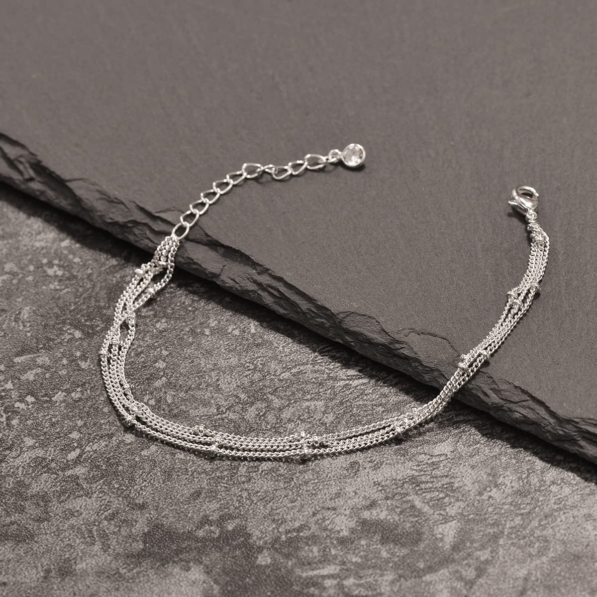 MEVECCO Bracelet for Women Sliver Layered Satellite Chain Bead Sliver Plated Dainty 3 Layer Simple Jewelry