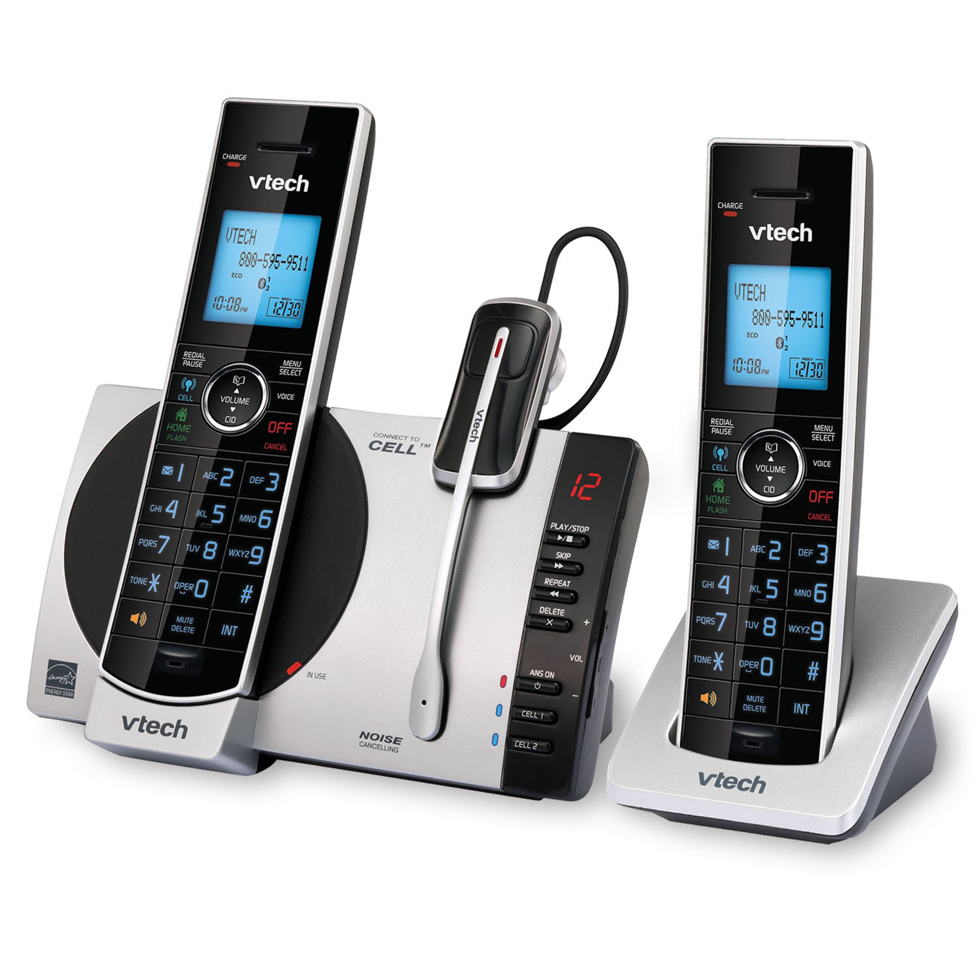 VTech Connect to Cell DS6771-3 DECT 6.0 Cordless Phone - Black, Silver, 6.9" x 4" x 6.6" & Accesssory Cordless Headset