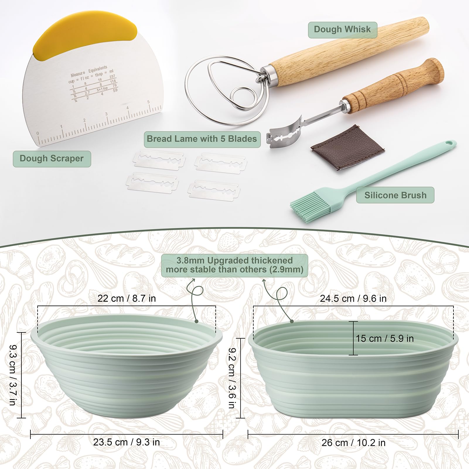 Silicone Sourdough Bread Proofing Baskets - Sourdough Starter Kit Including 9 Inch Round&10 Oval Foldable Sourdough Baking Basket, With Dough Whisk, Scraper, Lames, Brush, Baking Supplies Set (Green)