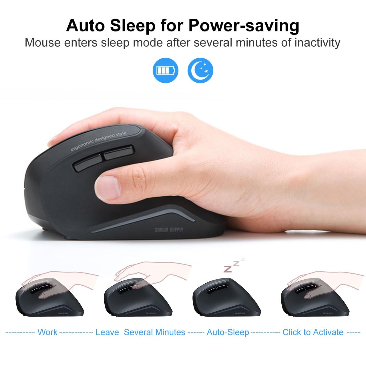 SANWA Bluetooth Wireless Ergonomic Mouse, Optical Vertical Computer Mice, Silent Noiseless Click, Reduce Wrist Strain, (800/1200/1600 DPI, 6 Buttons) Compatible with MacBook, Laptop, Windows, Mac OS