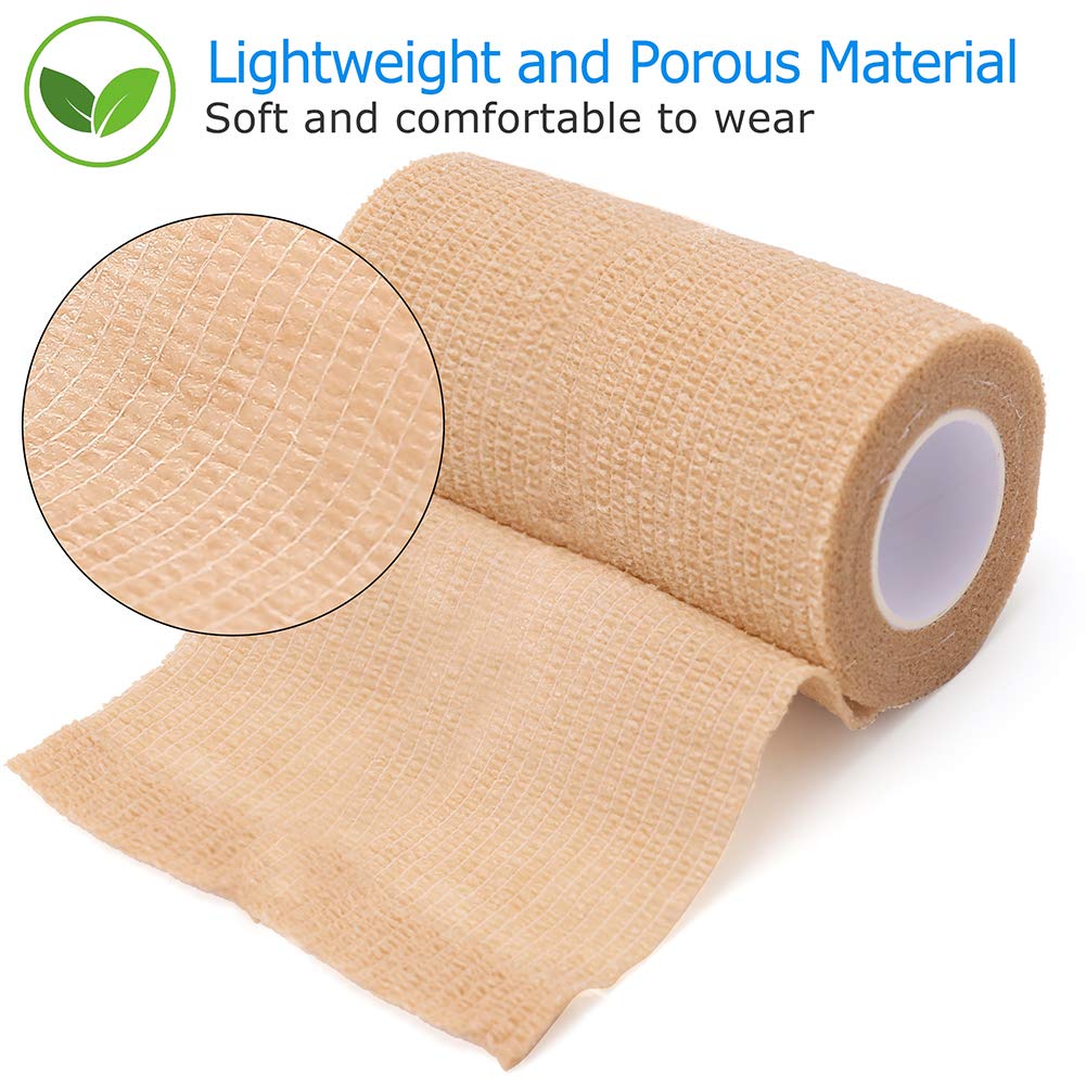 LotFancy Self Adhesive Bandage Wrap, 6 Pack, 4 in x 5 Yards, Non Woven Elbow Cohesive Bandage, First Aid Medical Tape for Ankle, Knee & Wrist Sprains, Tan Color