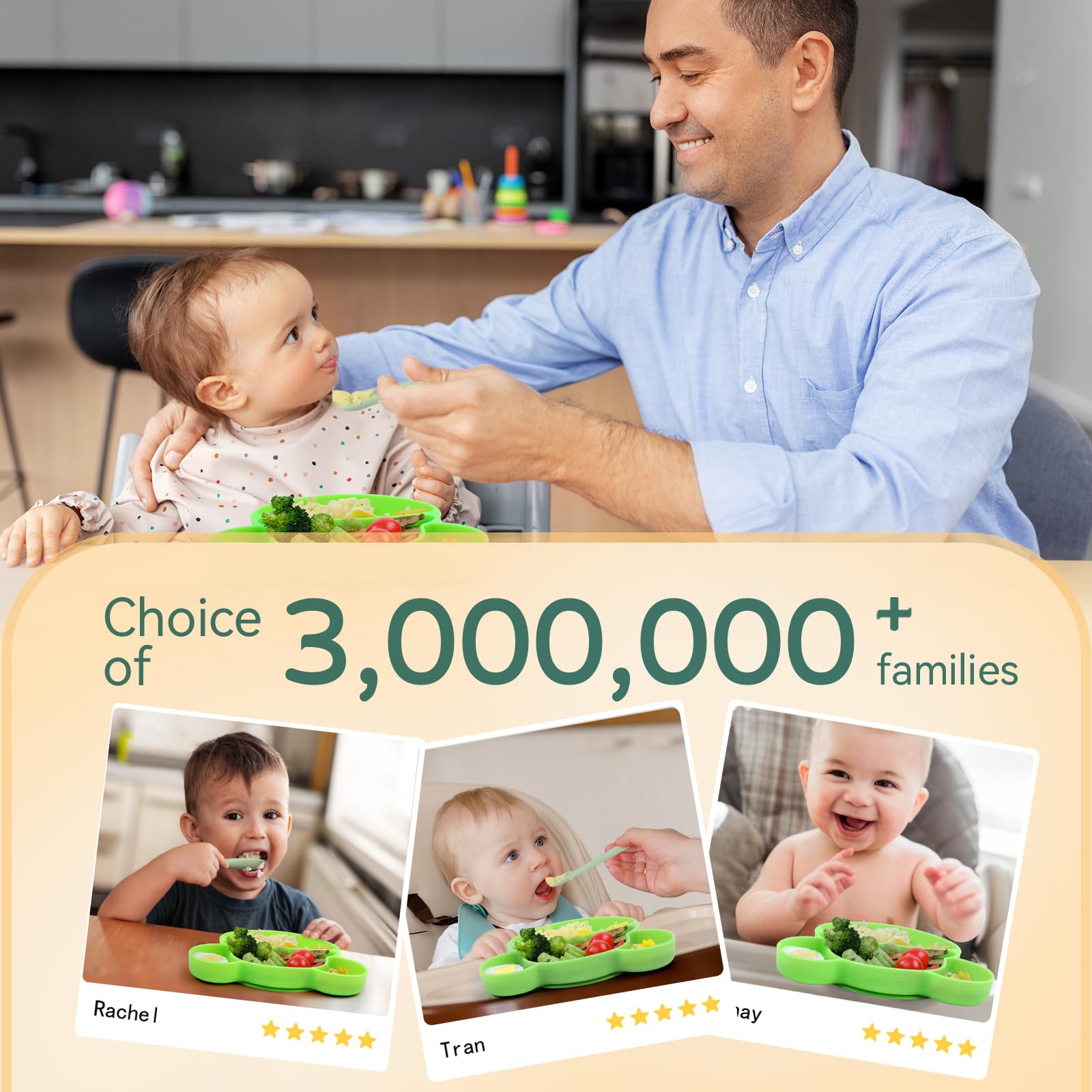 Yoofoss Toddler Plates 3 Pack - Suction Plates for Baby - 100% Silicone Baby Plates - BPA Free - Microwave and Dishwasher Safe - Divided Design - Blue,Green&Grey